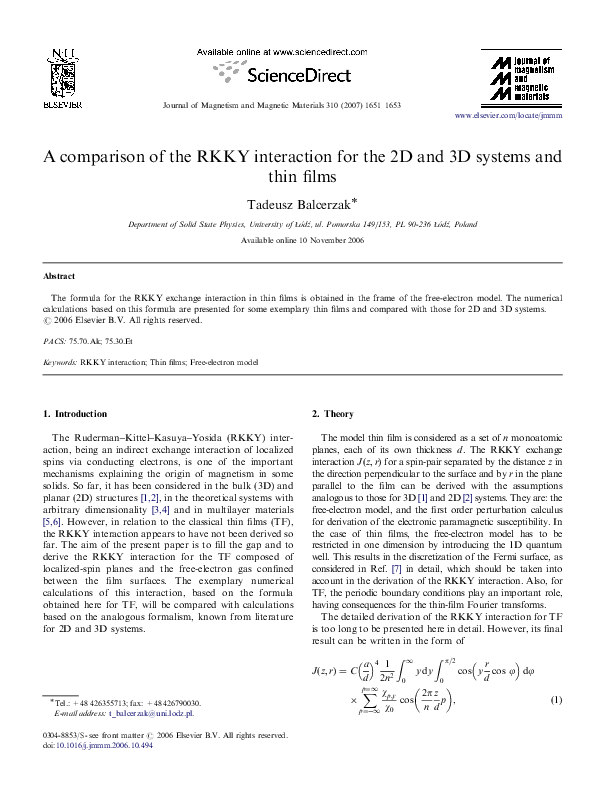 (PDF) A comparison of the RKKY interaction for the 2D and 3D systems ...