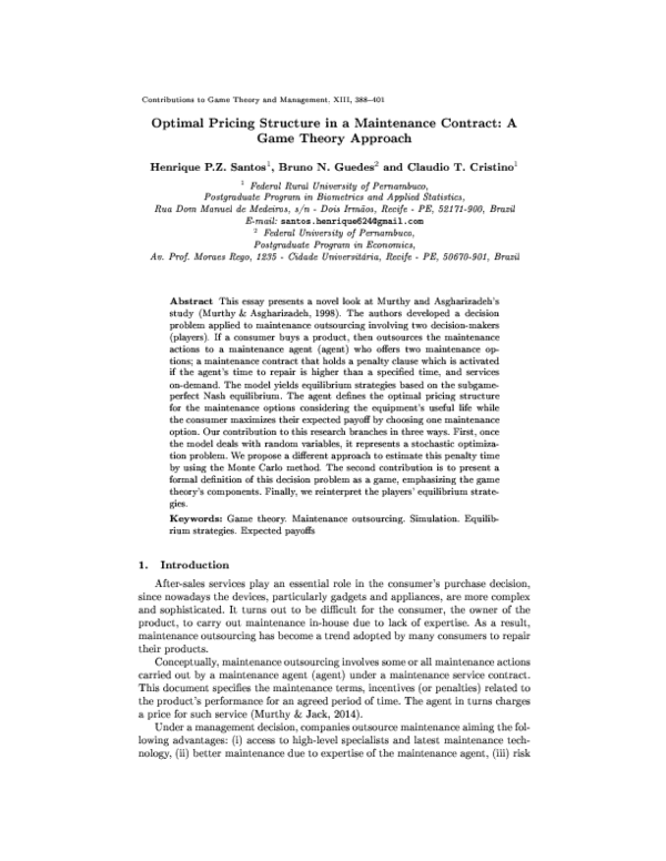 (PDF) Optimal pricing structure in a maintenance contract: a game theory approach
