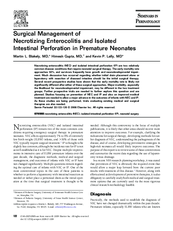 (PDF) Surgical Management of Necrotizing Enterocolitis and Isolated ...
