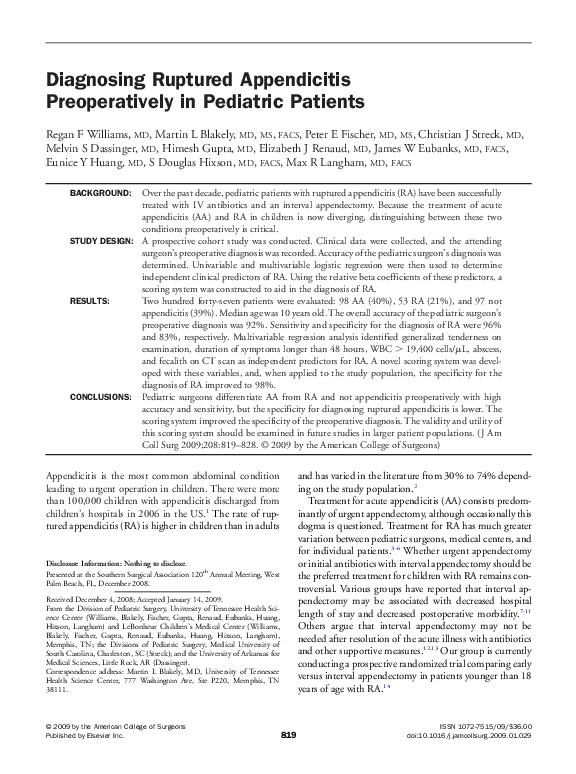 (PDF) Diagnosing ruptured appendicitis preoperatively in pediatric patients