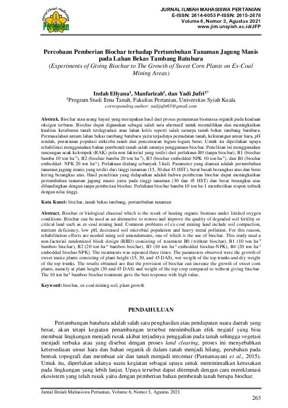 (PDF) Percobaan Pemberian Biochar Terhadap Pertumbuhan Tanaman Jagung Manis Pada Lahan Bekas ...