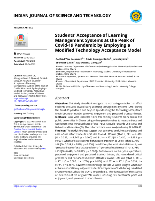 (PDF) Students' Acceptance of Learning Management Systems at the Peak of Covid-19 Pandemic by ...