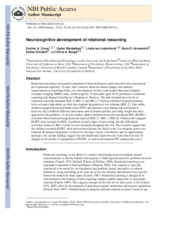 (PDF) Neurocognitive development of relational reasoning
