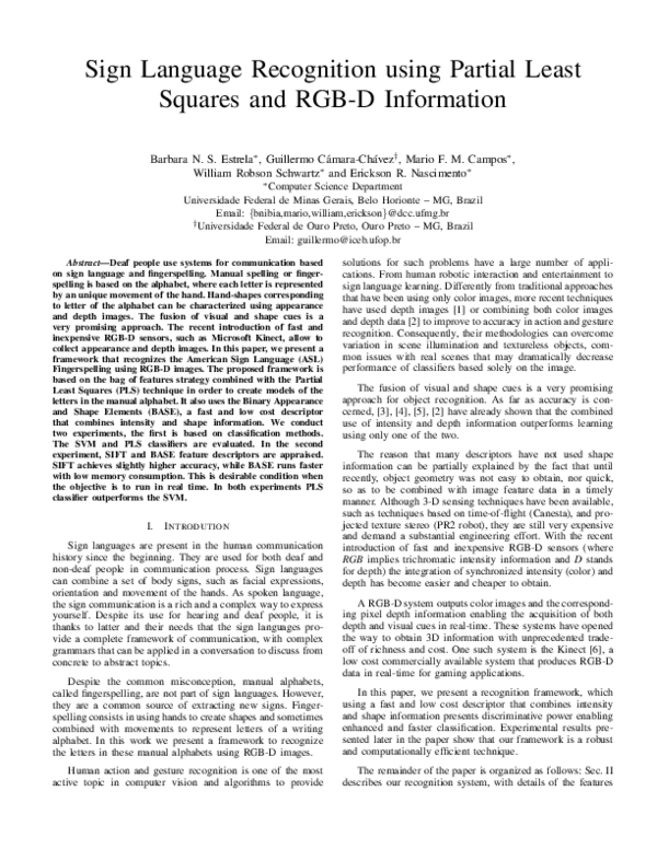 (PDF) Sign Language Recognition using Partial Least Squares and RGB-D Information