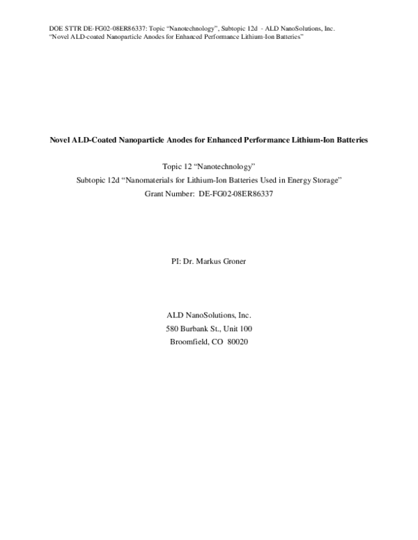 (PDF) Final Report: Novel ALD-Coated Nanoparticle Anodes for Enhanced Performance Lithium-Ion ...