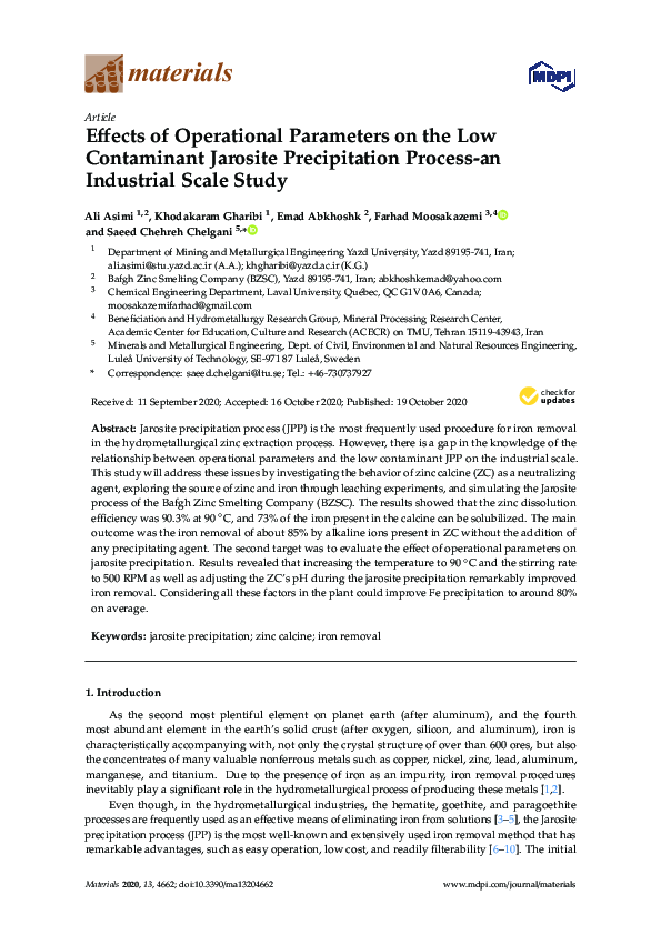 (PDF) Effects of Operational Parameters on the Low Contaminant Jarosite Precipitation Process-an ...