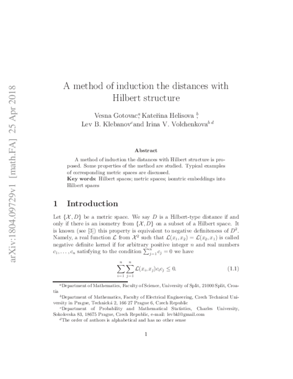 (PDF) A method of induction the distances with Hilbert structure
