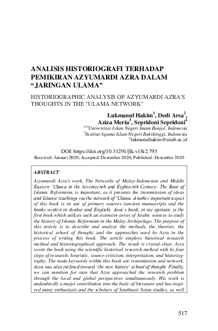 (PDF) Analisis Historiografi terhadap Karya Azyumardi Azra “Jaringan Ulama Timur Tengah dan ...