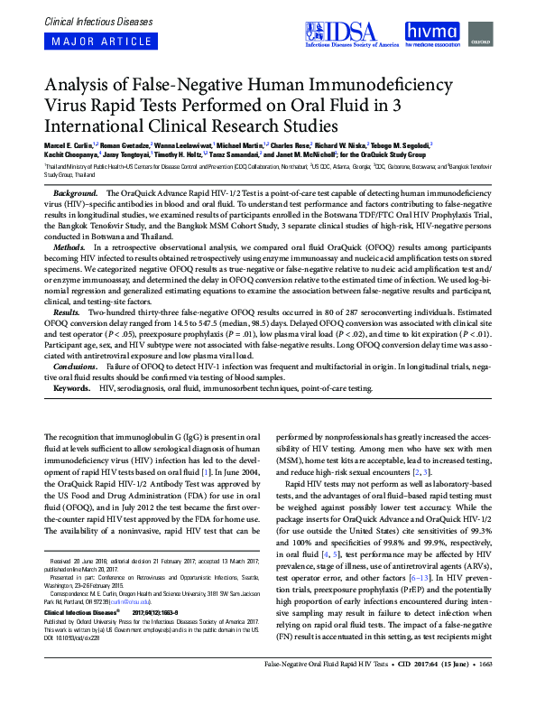 (PDF) Analysis of false-negative HIV rapid tests performed on oral ...
