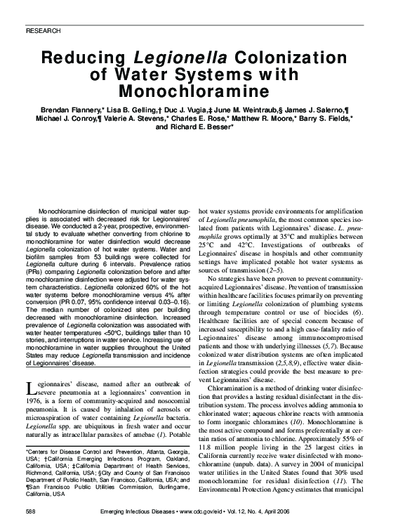 (PDF) ReducingLegionellaColonization of Water Systems with Monochloramine