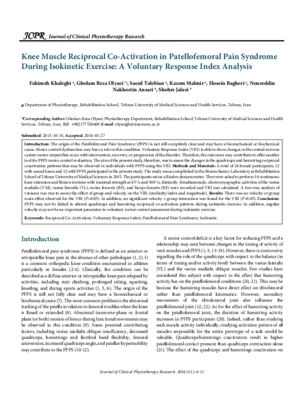 (PDF) Knee Muscle Reciprocal Co-Activation in Patellofemoral Pain ...