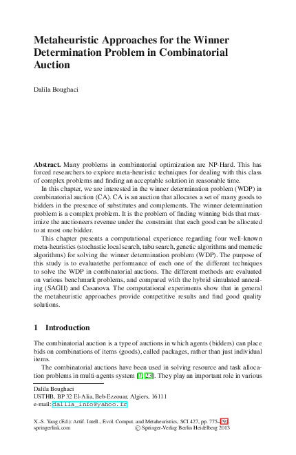 Pdf Metaheuristic Approaches For The Winner Determination Problem In Combinatorial Auction