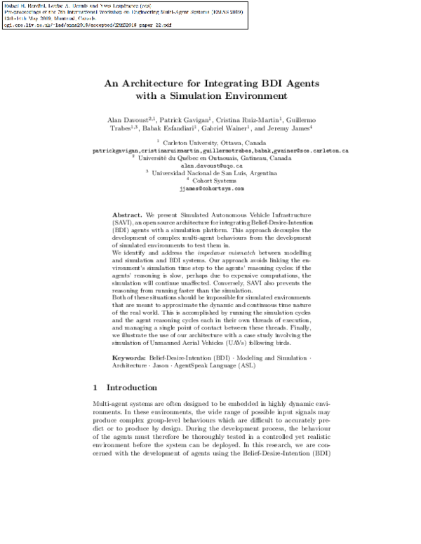 Pdf An Architecture For Integrating Bdi Agents With A Simulation