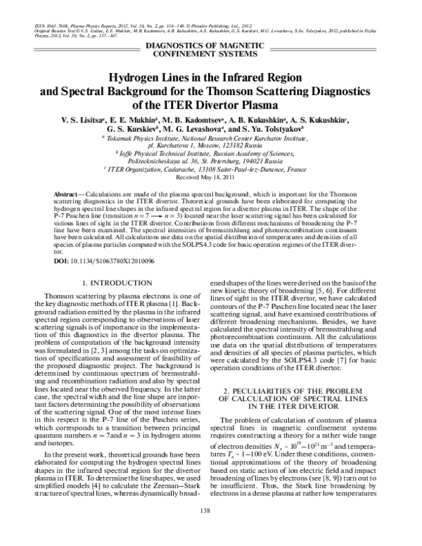 (PDF) Hydrogen Infrared Lines and Spectral Background for ITER Plasma