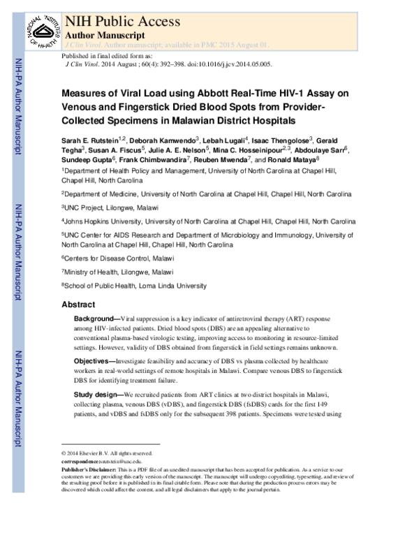 (PDF) Measures of viral load using Abbott RealTime HIV-1 Assay on venous and fingerstick dried ...