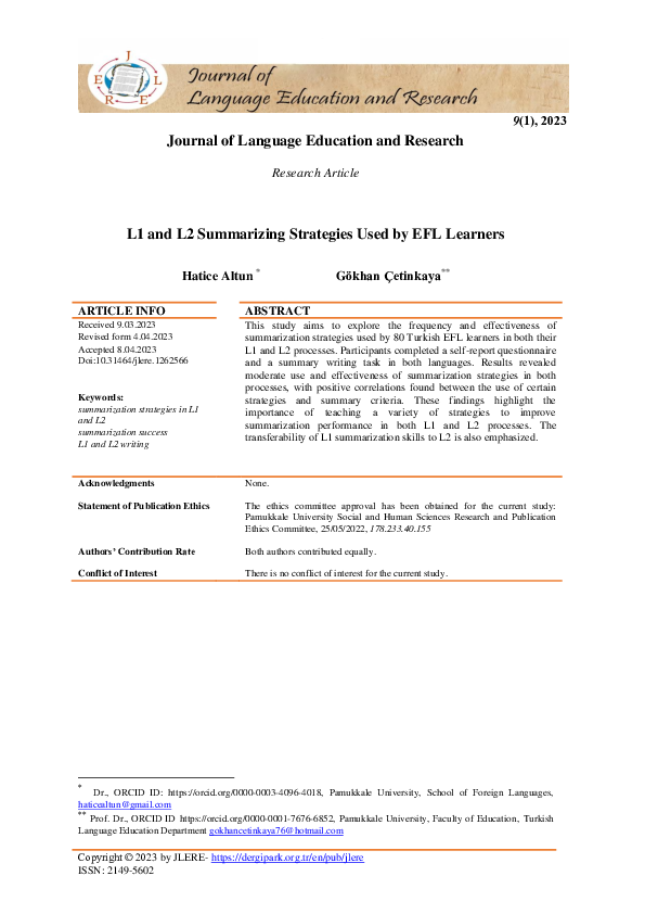 (PDF) L1 and L2 Summarizing Strategies Used by EFL Learners