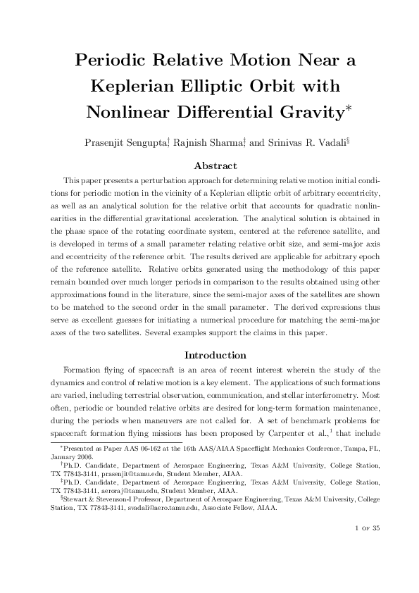 (PDF) Periodic Relative Motion Near a Keplerian Elliptic Orbit with Nonlinear Differential ...