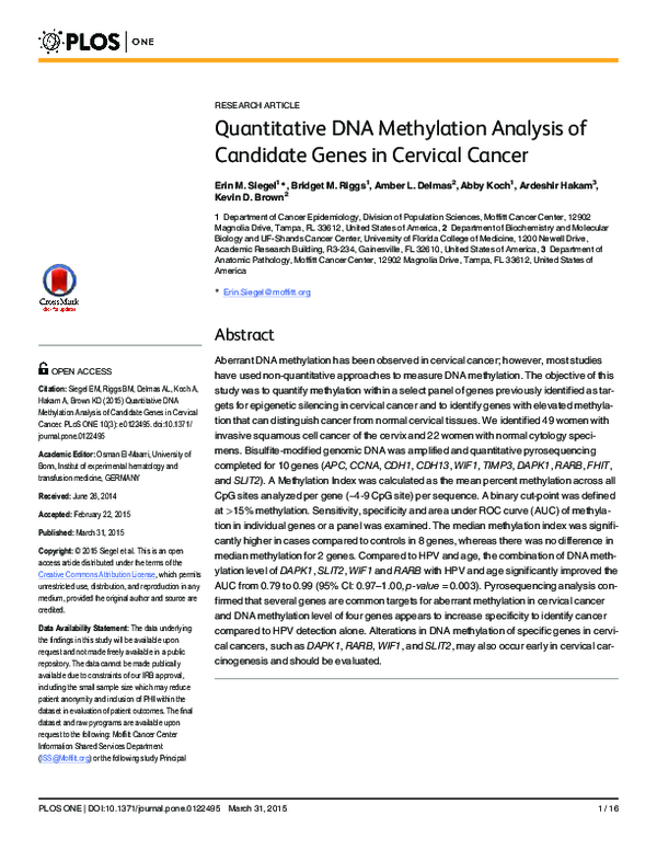 (PDF) Quantitative DNA Methylation Analysis of Candidate Genes in Cervical Cancer | Ardeshir ...