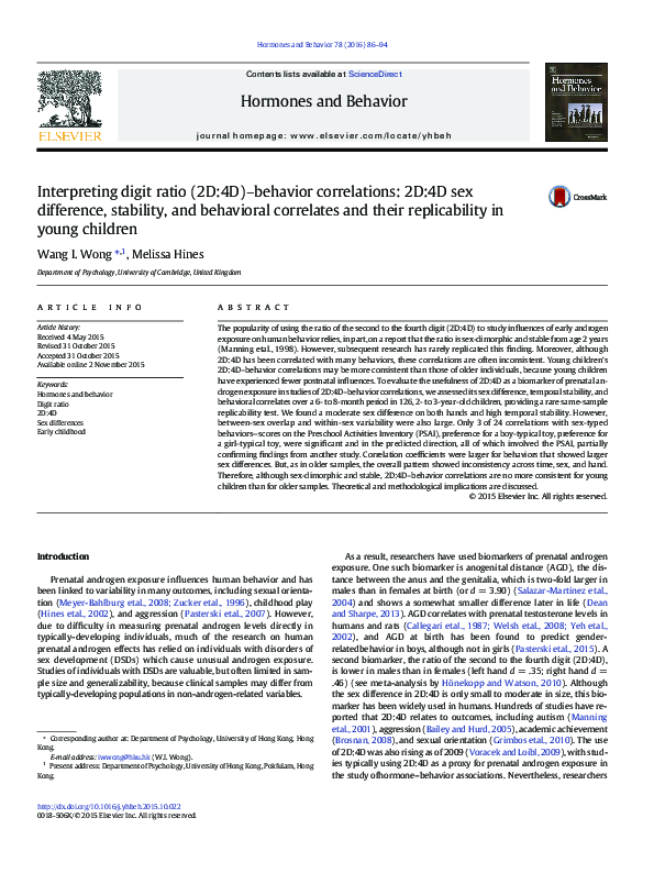 (PDF) Interpreting digit ratio (2D:4D)–behavior correlations: 2D:4D sex difference, stability ...