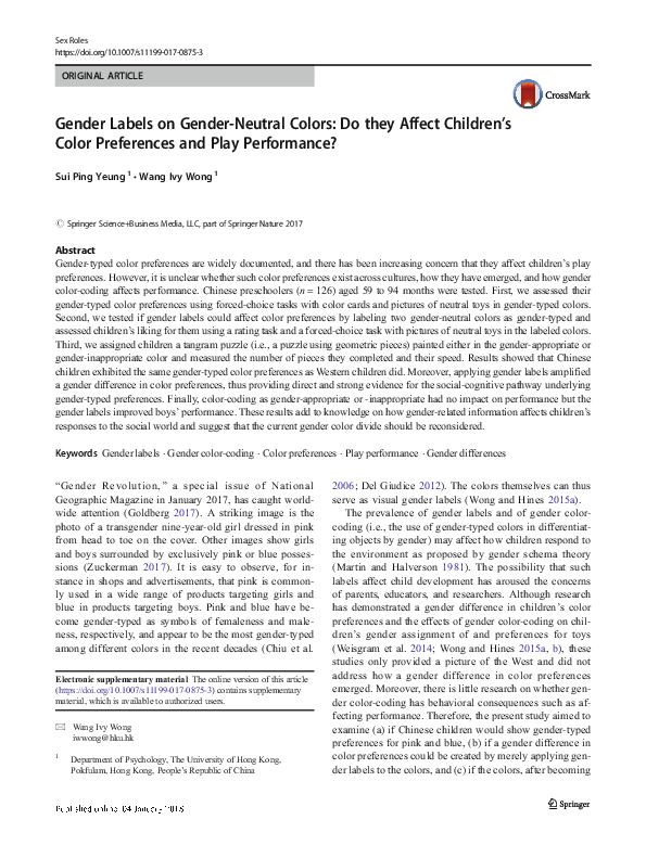 (PDF) Gender Labels on Gender-Neutral Colors: Do they Affect Children’s ...