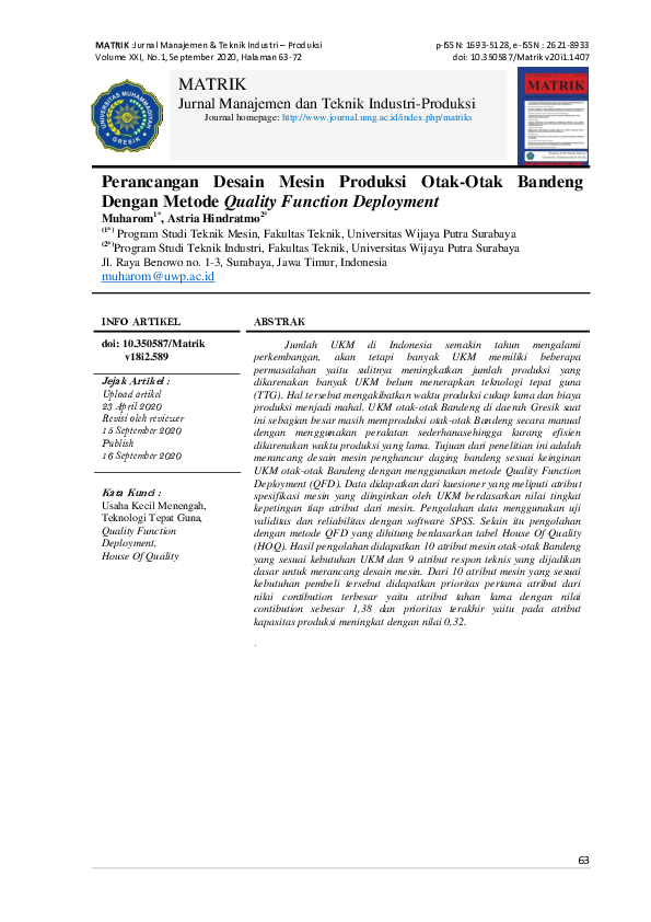 (PDF) Perancangan Desain Mesin Produksi Otak-Otak Bandeng Dengan Metode Quality Function Deployment