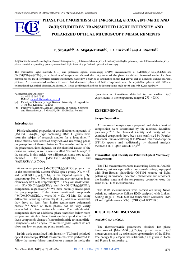 (PDF) PHASE POLYMORPHISM OF [M(OS(CH3)2)6](ClO4)2 (M=Mn(II) AND Zn(II ...