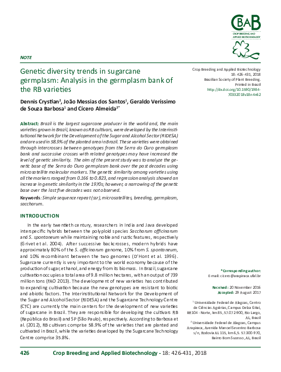 (PDF) Genetic diversity trends in sugarcane germplasm: Analysis in the germplasm bank of the RB ...