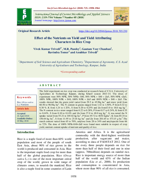 (PDF) Effect of the Nutrients on Yield and Yield Attributing Characters in Rice Crop