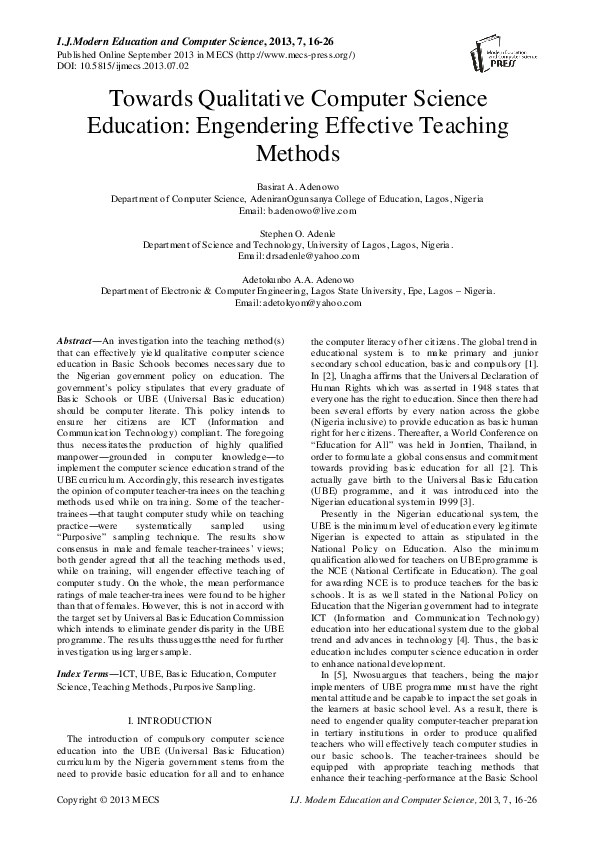 (PDF) Towards Qualitative Computer Science Education: Engendering Effective Teaching Methods