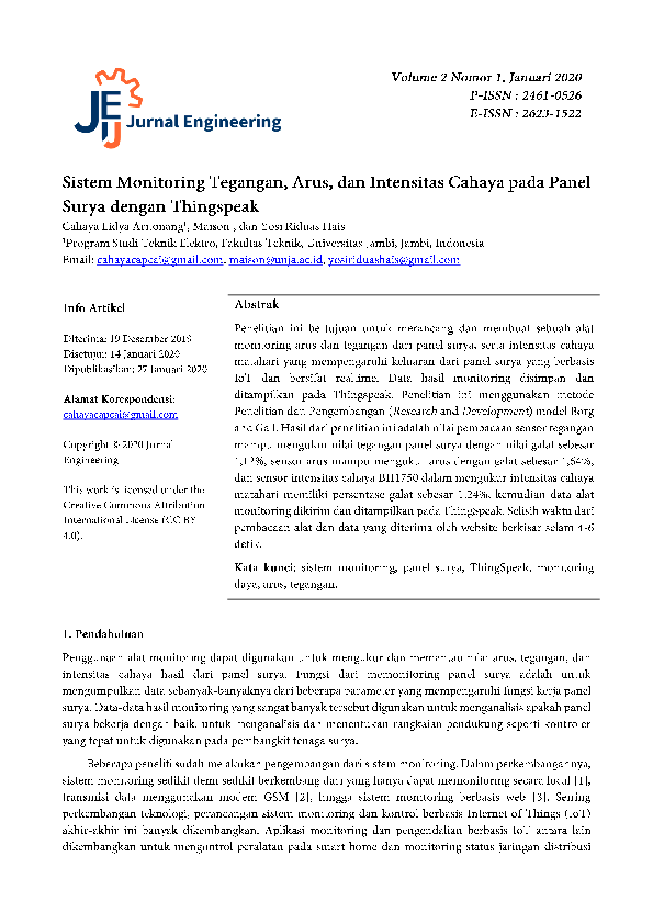 (PDF) Sistem Monitoring Tegangan, Arus, dan Intensitas Cahaya pada Panel Surya dengan Thingspeak