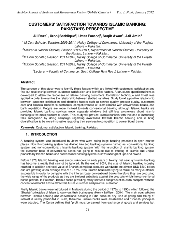(PDF) Customers' Satisfaction towards Islamic Banking : Pakistan's Perspective