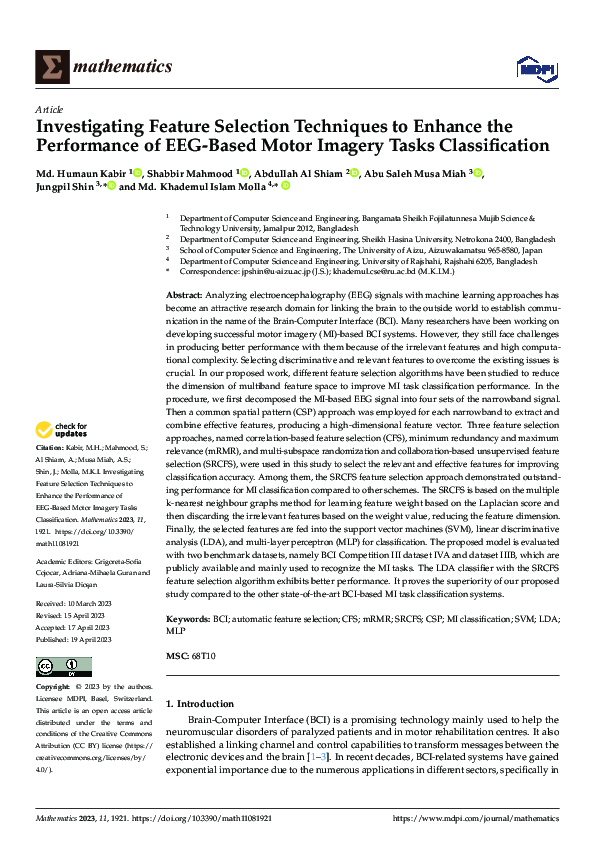 Pdf Investigating Feature Selection Techniques To Enhance The Performance Of Eeg Based Motor