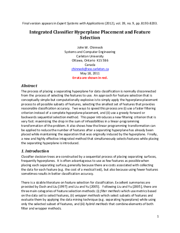 (PDF) Integrated classifier hyperplane placement and feature selection