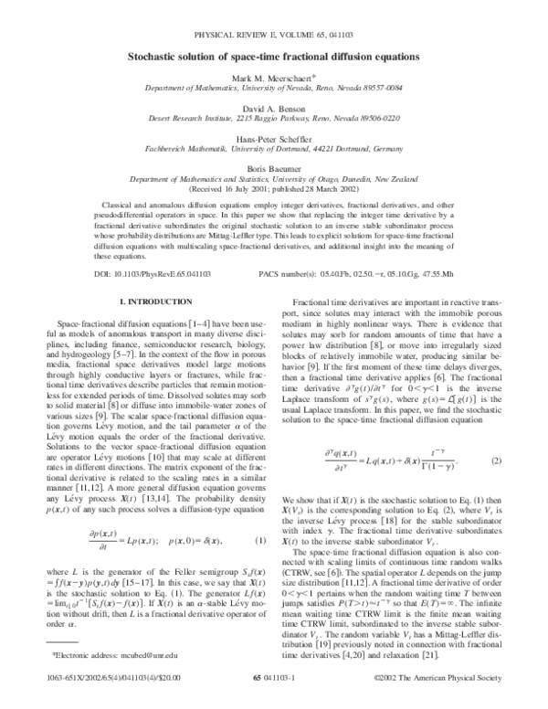 Pdf Stochastic Solution Of Space Time Fractional Diffusion Equations