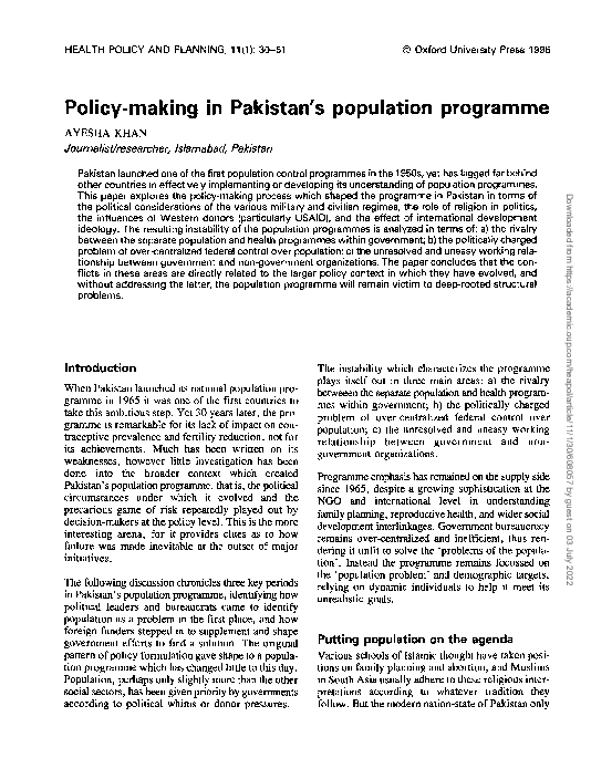 (PDF) Policy-making in Pakistan's population programme
