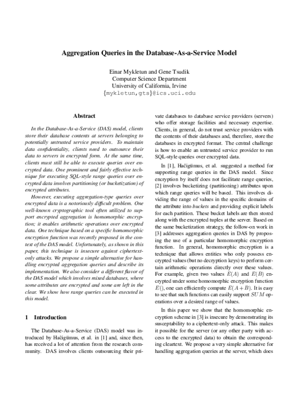 (PDF) Aggregation Queries in the Database-As-a-Service Model | MOHAMMED MOSTAFA - Academia.edu