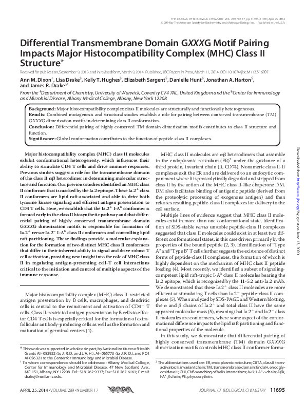 (PDF) Differential Transmembrane Domain GXXXG Motif Pairing Impacts ...