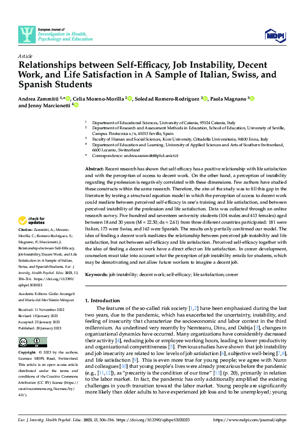 (PDF) Relationships between Self-Efficacy, Job Instability, Decent Work, and Life Satisfaction ...