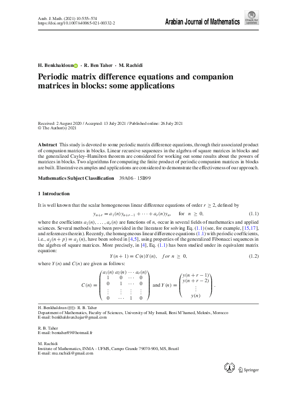 Pdf Periodic Matrix Difference Equations And Companion Matrices In Blocks Some Applications