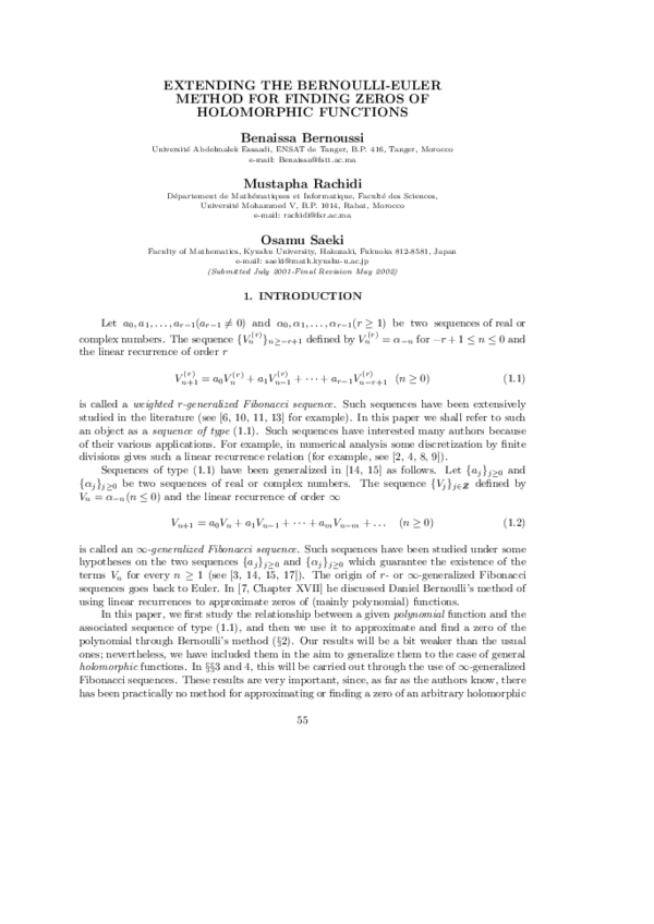 (PDF) Extending the Bernoulli-Euler Method for Finding Zeros of Holomorphic Functions
