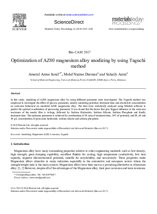 (PDF) Optimization of AZ80 magnesium alloy anodizing by using Taguchi ...