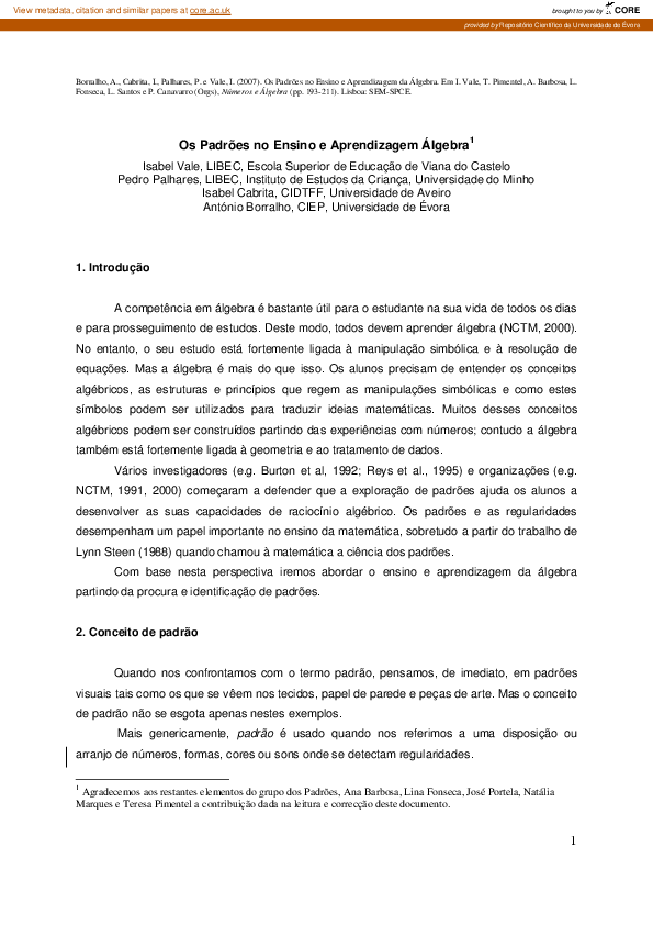 (PDF) Os Padrões no Ensino e Aprendizagem Álgebra