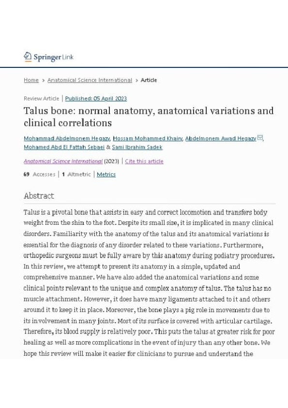 (PDF) Talus bone normal anatomy anatomical variations and clinical ...