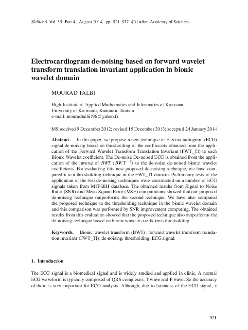 Pdf Electrocardiogram De Noising Based On Forward Wavelet Transform Translation Invariant