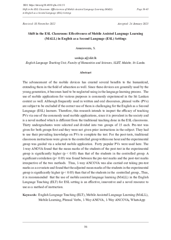 (PDF) Shift in the ESL Classroom: Effectiveness of Mobile Assisted Language Learning (MALL) in ...