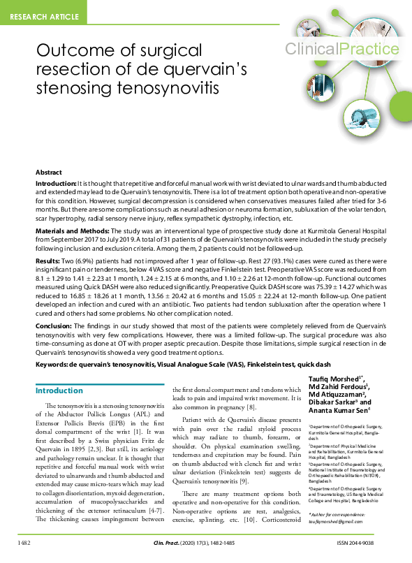 (PDF) Outcome of surgical resection of de quervain’s stenosing ...