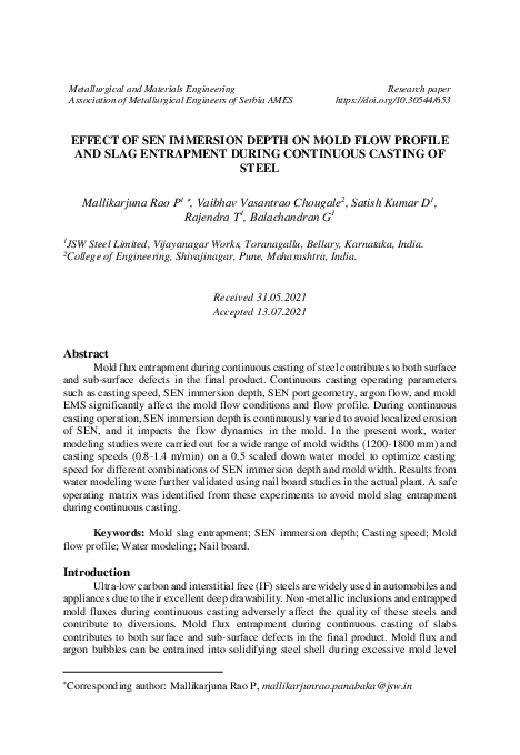 (PDF) EFFECT OF SEN IMMERSION DEPTH ON MOLD FLOW PROFILE AND SLAG ...