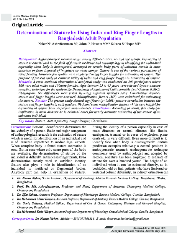 (PDF) Determination of Stature by Using Index and Ring Finger Lengths ...