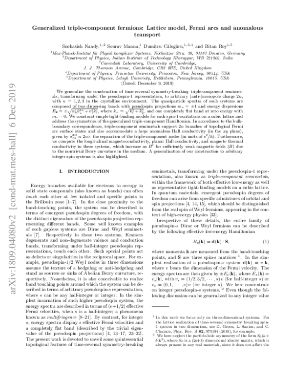(PDF) Generalized triple-component fermions: Lattice model, Fermi arcs ...