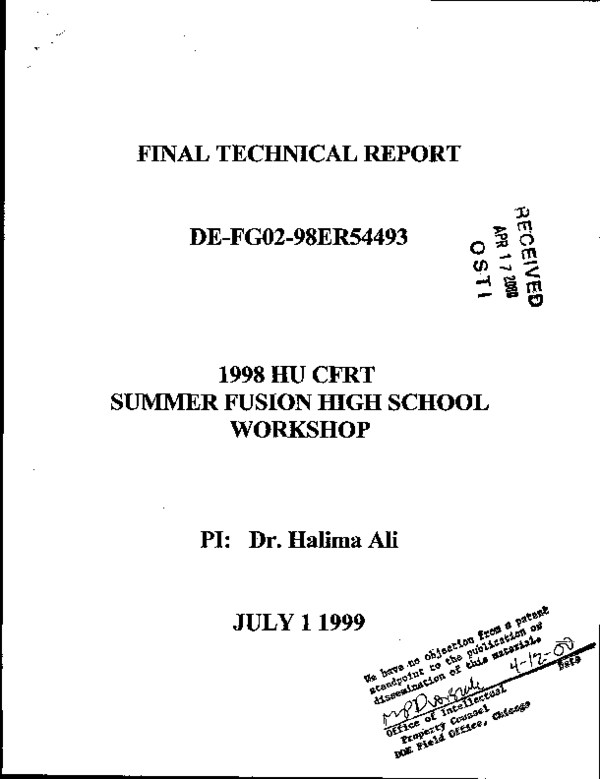 (PDF) Final technical report. 1998 HU CFRT summer fusion high school ...